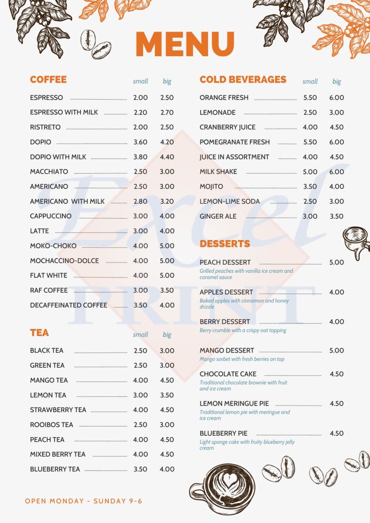 Menus - Excel Print Navan